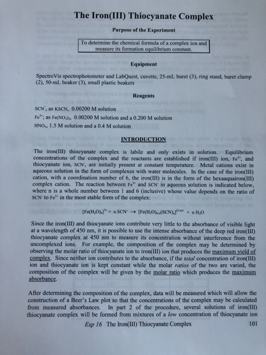 Solved The Iron(IIl) Thiocyanate Complex DATA AND REPORT | Chegg.com