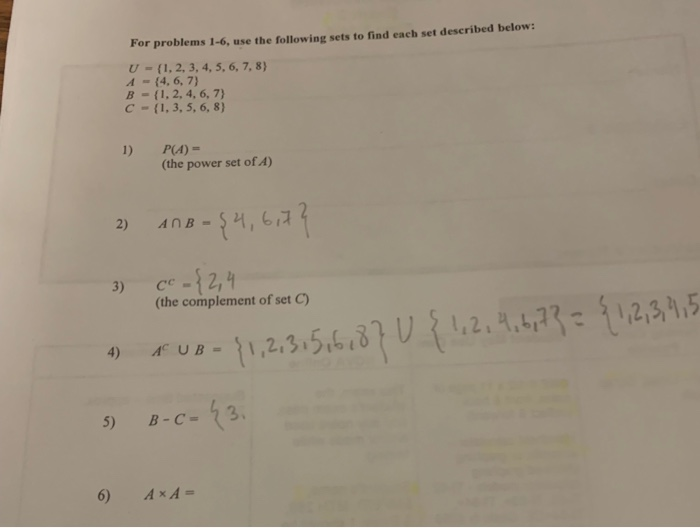 Solved For problems 1-6, use the following sets to find each | Chegg.com