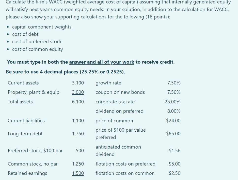 Solved Calculate the firm's WACC (weighted average cost of | Chegg.com