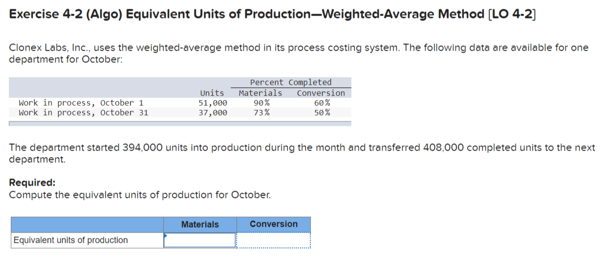 Solved Exercise 4-2 (Algo) Equivalent Units of | Chegg.com