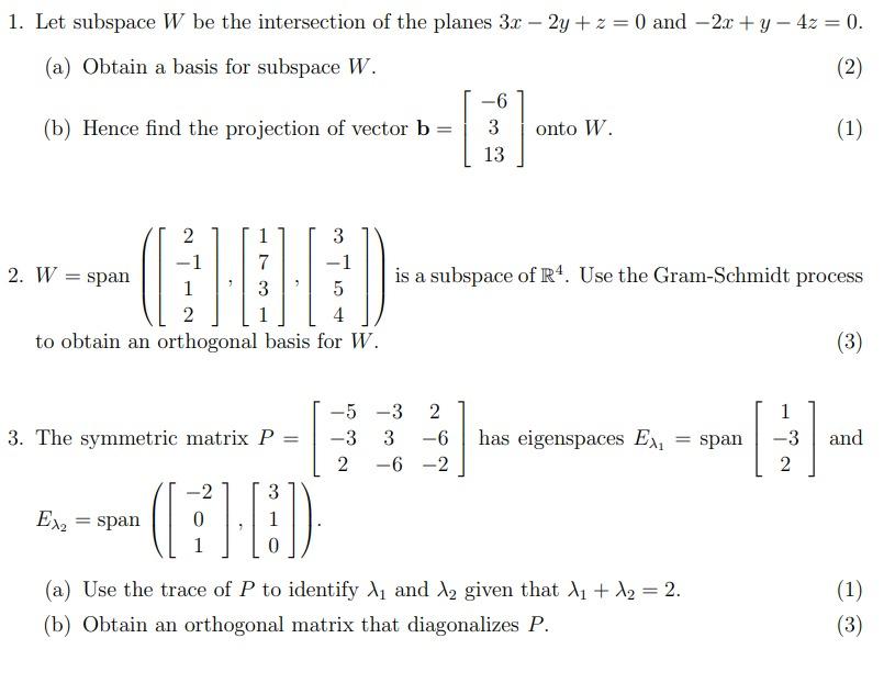 Solved 1. Let subspace W be the intersection of the planes | Chegg.com