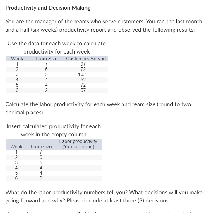 Solved Productivity and Decision MakingYou are the manager | Chegg.com