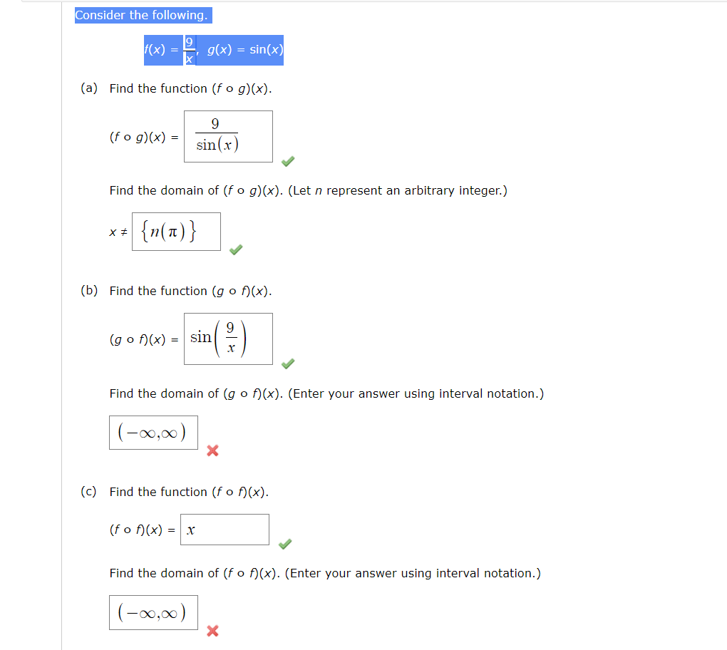 Solved f(x)=x9,g(x)=sin(x) (a) Find the function (f∘g)(x). | Chegg.com