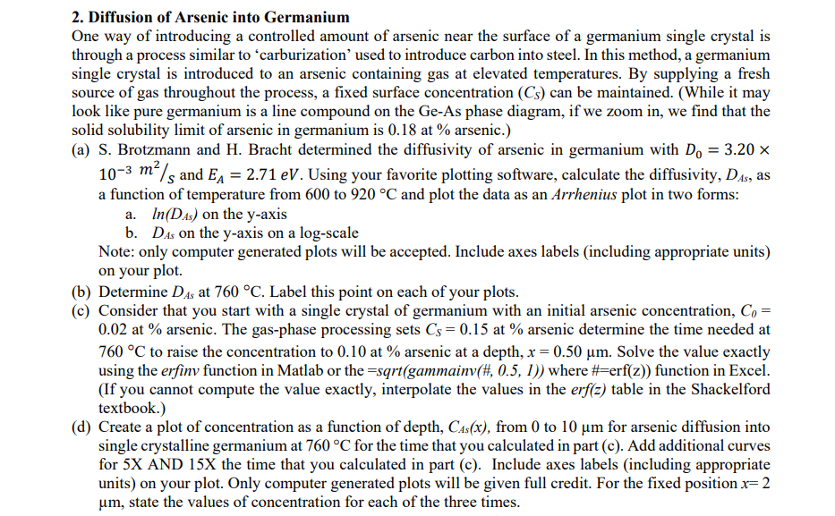 Solved 2. Diffusion of Arsenic into Germanium One way of | Chegg.com