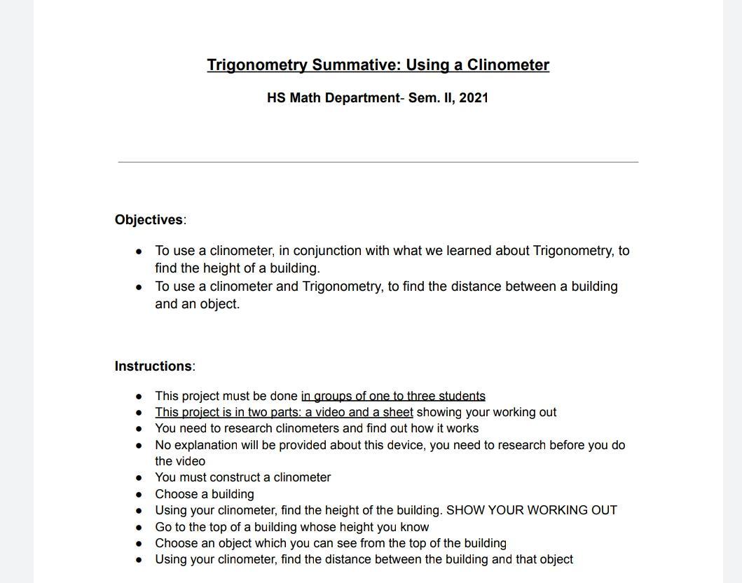 Solved Trigonometry Summative: Using a Clinometer HS Math | Chegg.com