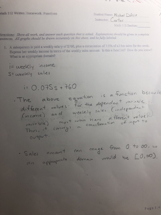 Solved Math 112 Written Homework: Functions Student Name: | Chegg.com