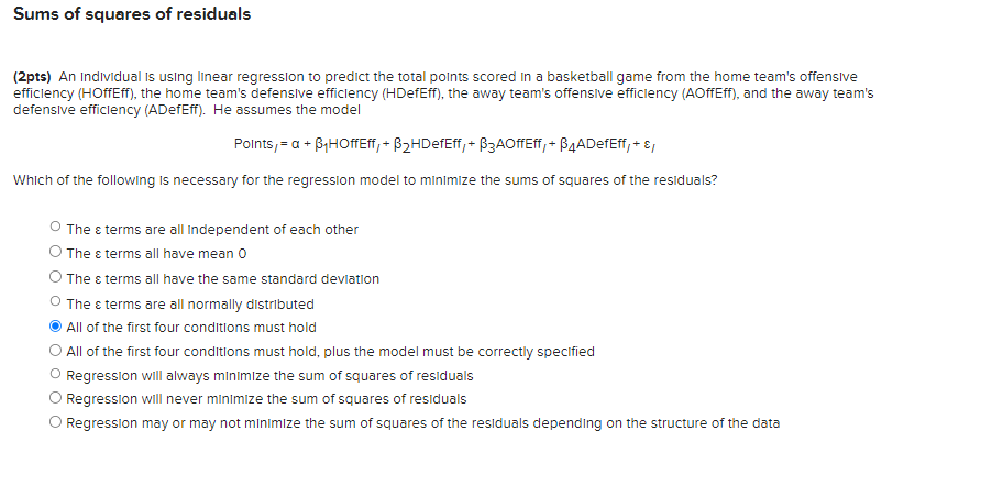 Solved Sums of squares of residuals(2pts) ﻿An Individual is | Chegg.com