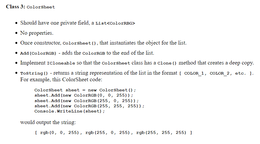 Solved Class 3: ColorSheet • Should have one private field, | Chegg.com