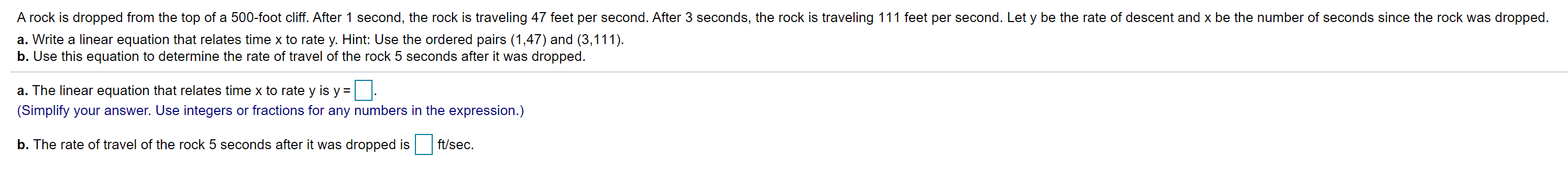 Solved A rock is dropped from the top of a 500-foot cliff. | Chegg.com