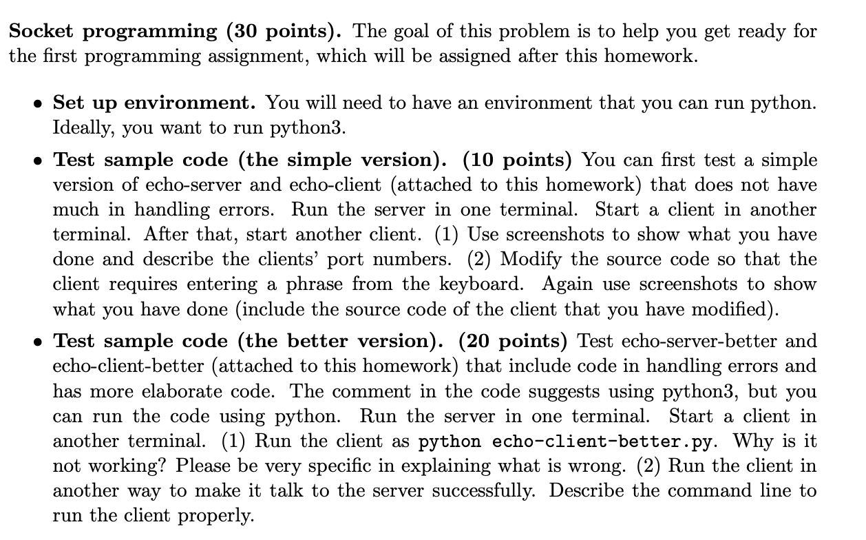 Socket programming (30 points). The goal of this | Chegg.com