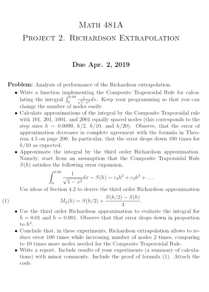 Solved MATH 481A PROJECT 2. RICHARDSON EXTRAPOLATION Due | Chegg.com