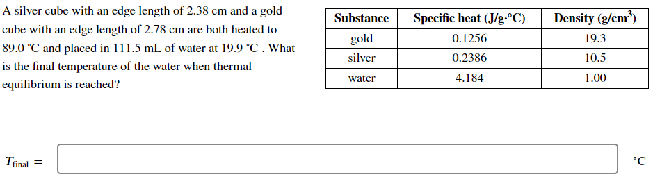 Solved Substance gold silver Specific heat (J/g.°C) 0.1256 A | Chegg.com