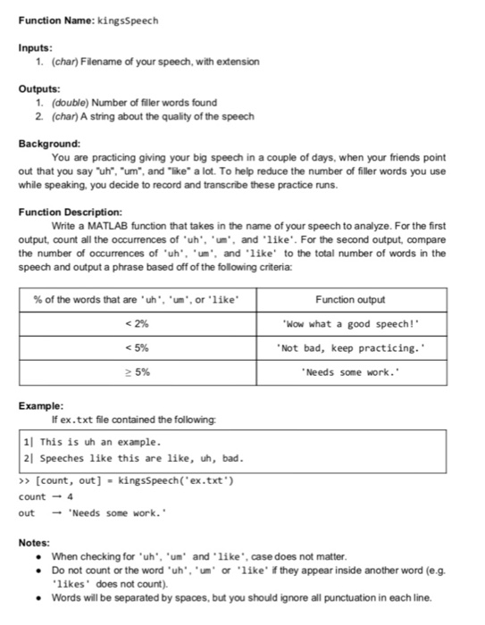 Solved Function Name: kingsSpeech Inputs 1. (char) Filename | Chegg.com