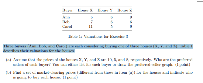 Table 1: Valuations for Exercise 3 Three buyers (Ann, | Chegg.com