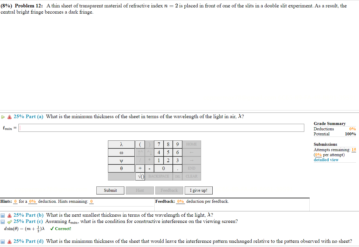 Solved (8\%) Problem 12: A thin sheet of transparent | Chegg.com