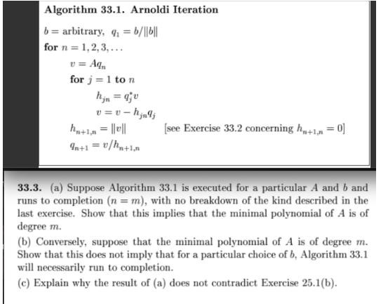 Algorithm 33.1. Arnoldi Iteration b = arbitrary, qi = | Chegg.com