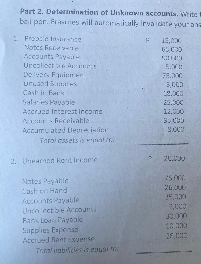 Solved Part 2. Determination of Unknown accounts. Write ball | Chegg.com