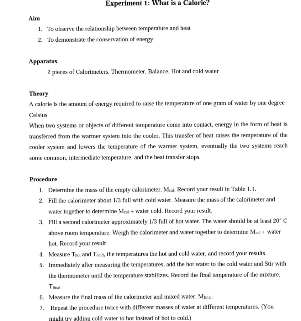 Solved Experiment 1: What is a Calorie? Aim 1. To observe | Chegg.com