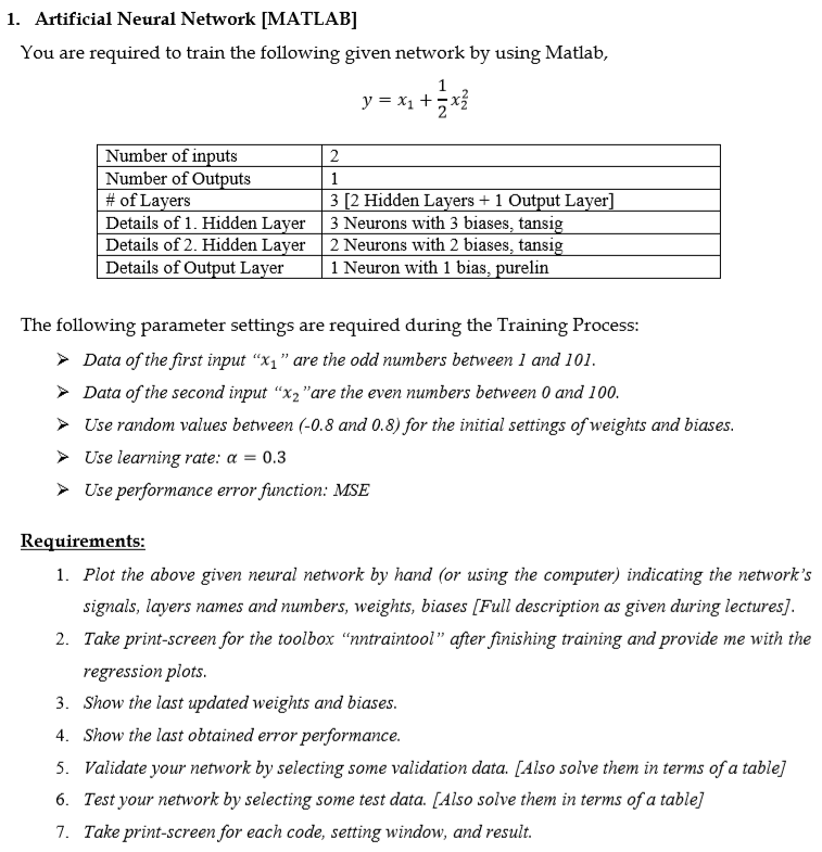 1. Artificial Neural Network [MATLAB] You are | Chegg.com