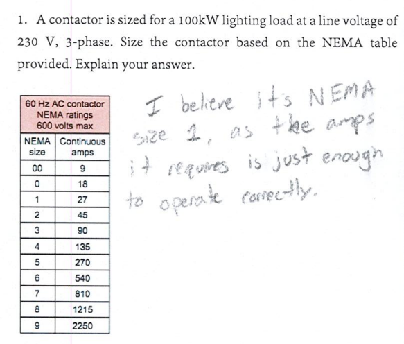 Solved 1. A contactor is sized for a 100 kW lighting load at | Chegg.com