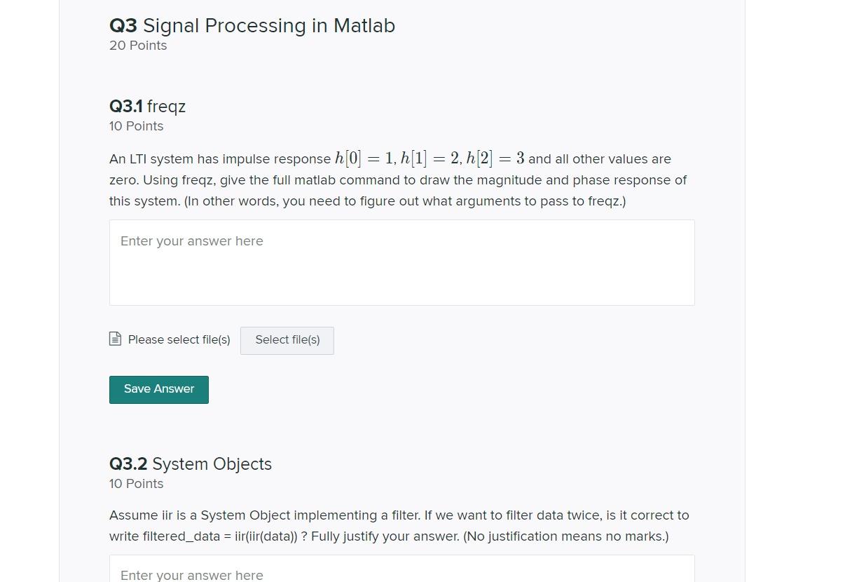 Solved Q3 Signal Processing in Matlab 20 Points Q3.1 freqz | Chegg.com