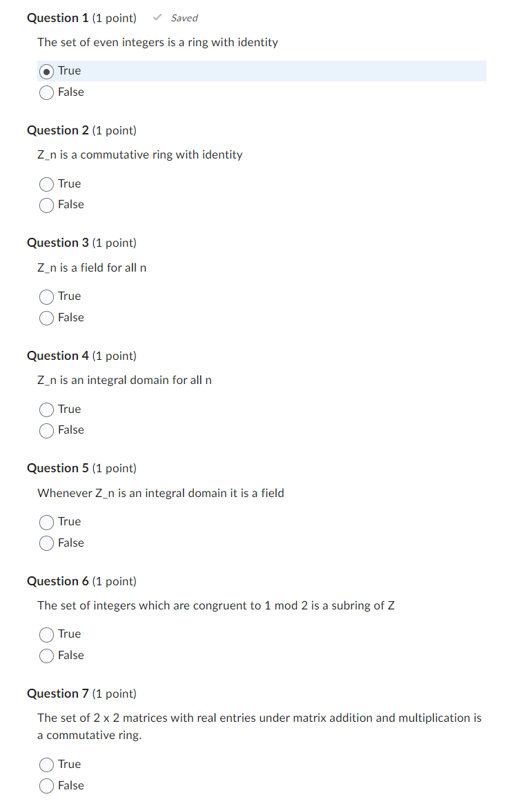Solved Question 2 (1 point) Z−n is a commutative ring with | Chegg.com