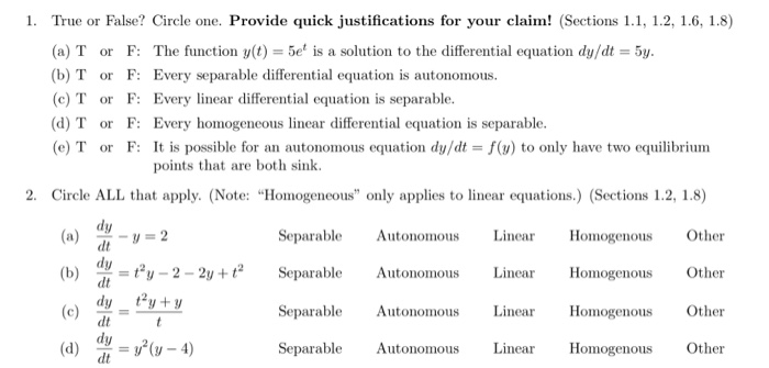 Solved 1. True or False? Circle one. Provide quick | Chegg.com