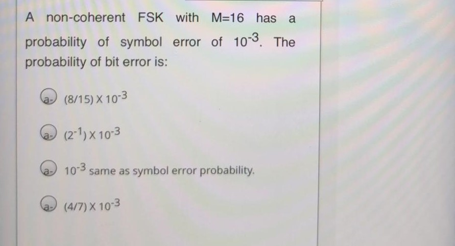 Solved A non-coherent FSK with M=16 has a probability of | Chegg.com