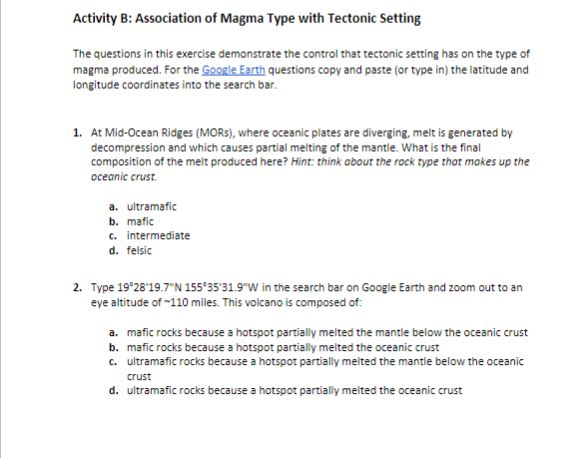Solved Activity B: Association of Magma Type with Tectonic | Chegg.com