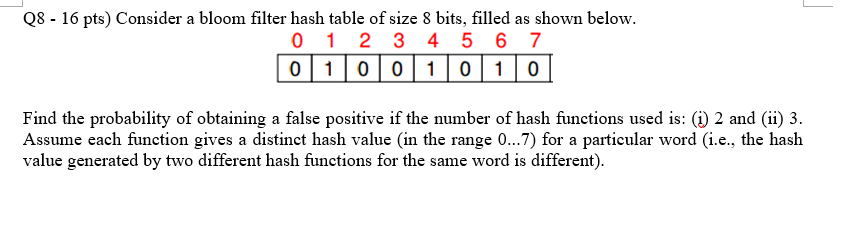 Solved Q8 - 16 pts) Consider a bloom filter hash table of | Chegg.com