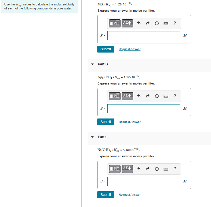Solved Use the Ksp values to calculate the molar solubility | Chegg.com