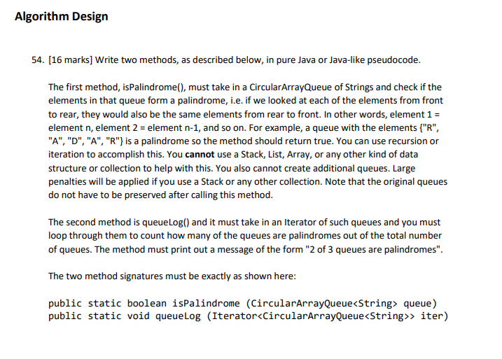 Solved 54. [16 marks] Write two methods, as described below, | Chegg.com