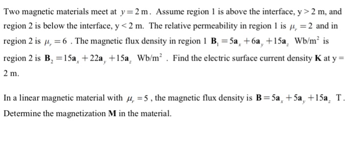 Solved Two magnetic materials meet at y=2 m. Assume region 1 | Chegg.com