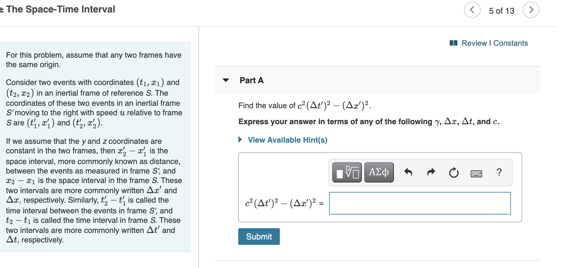 Solved + The Space-Time Interval 5 of 13 > A Review | | Chegg.com