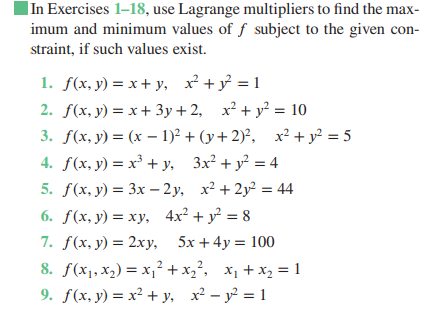 Solved In Exercises 1-18, use Lagrange multipliers to find | Chegg.com