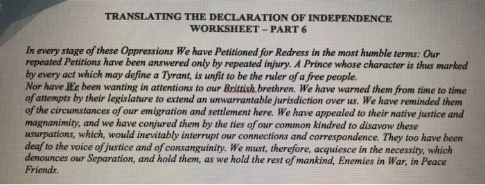 TRANSLATING THE DECLARATION OF INDEPENDENCE | Chegg.com