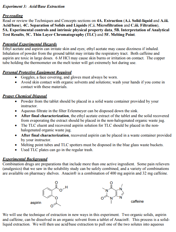 Experiment 3: Acid Base Extraction Pre-reading Read | Chegg.com