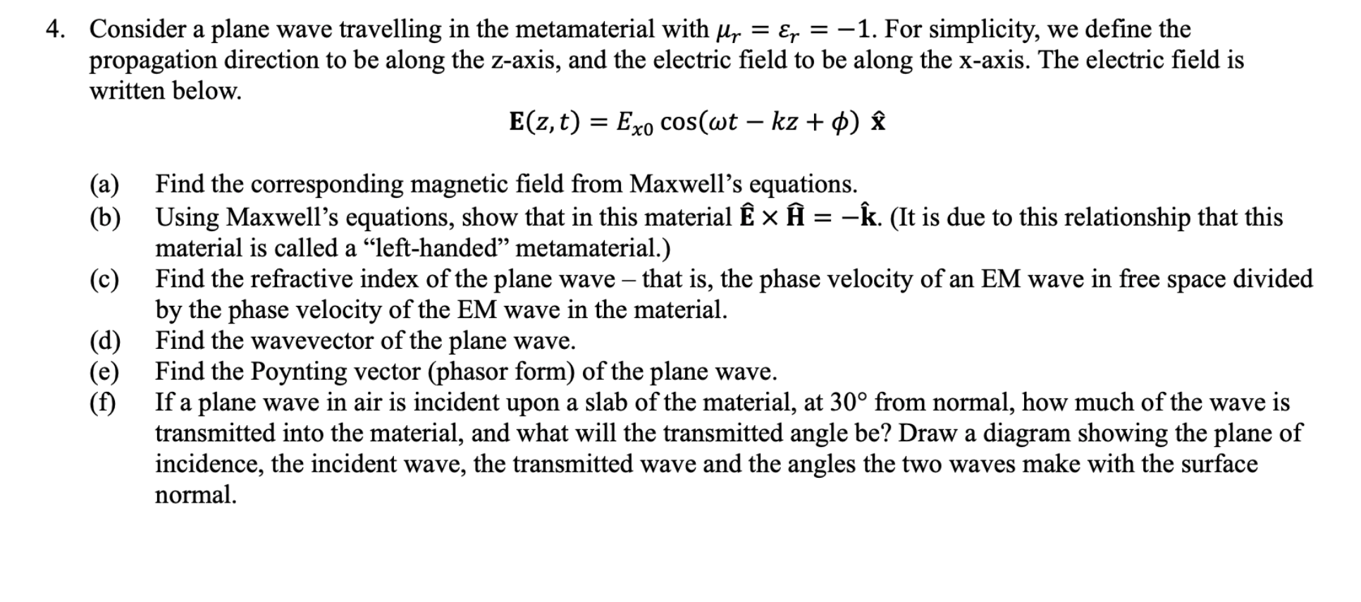 Solved Consider a plane wave travelling in the metamaterial | Chegg.com