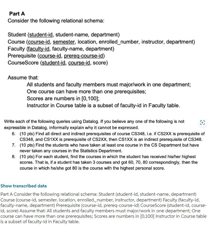 Solved Part A Consider the following relational schema: | Chegg.com