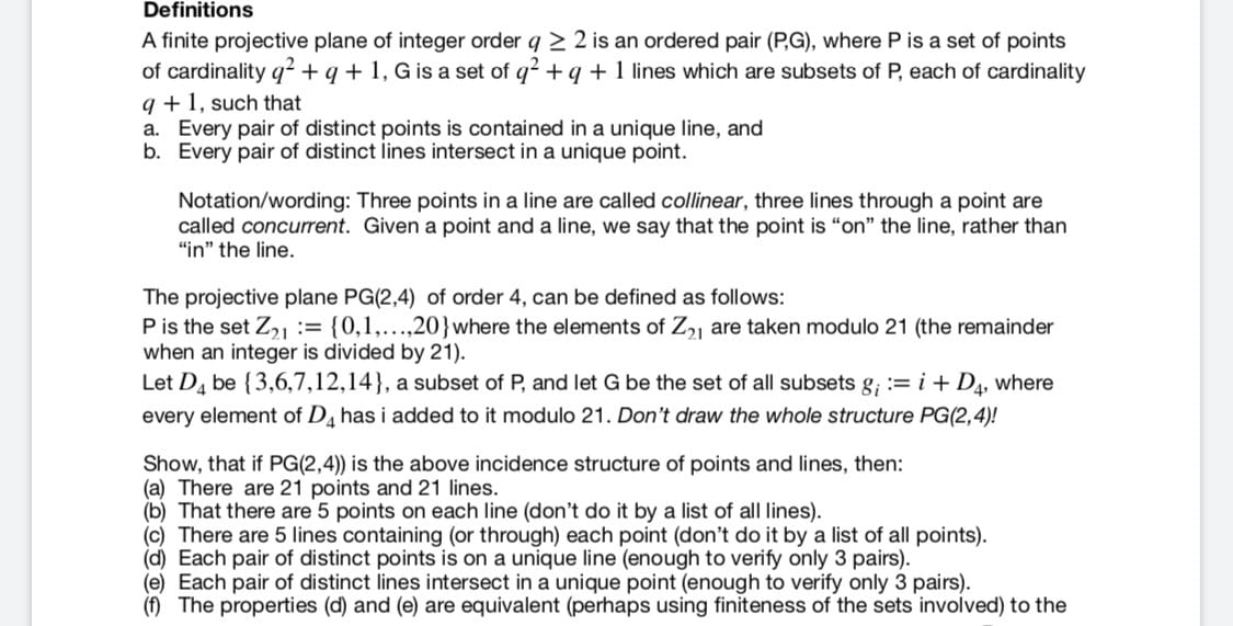 Definitions A finite projective plane of integer | Chegg.com