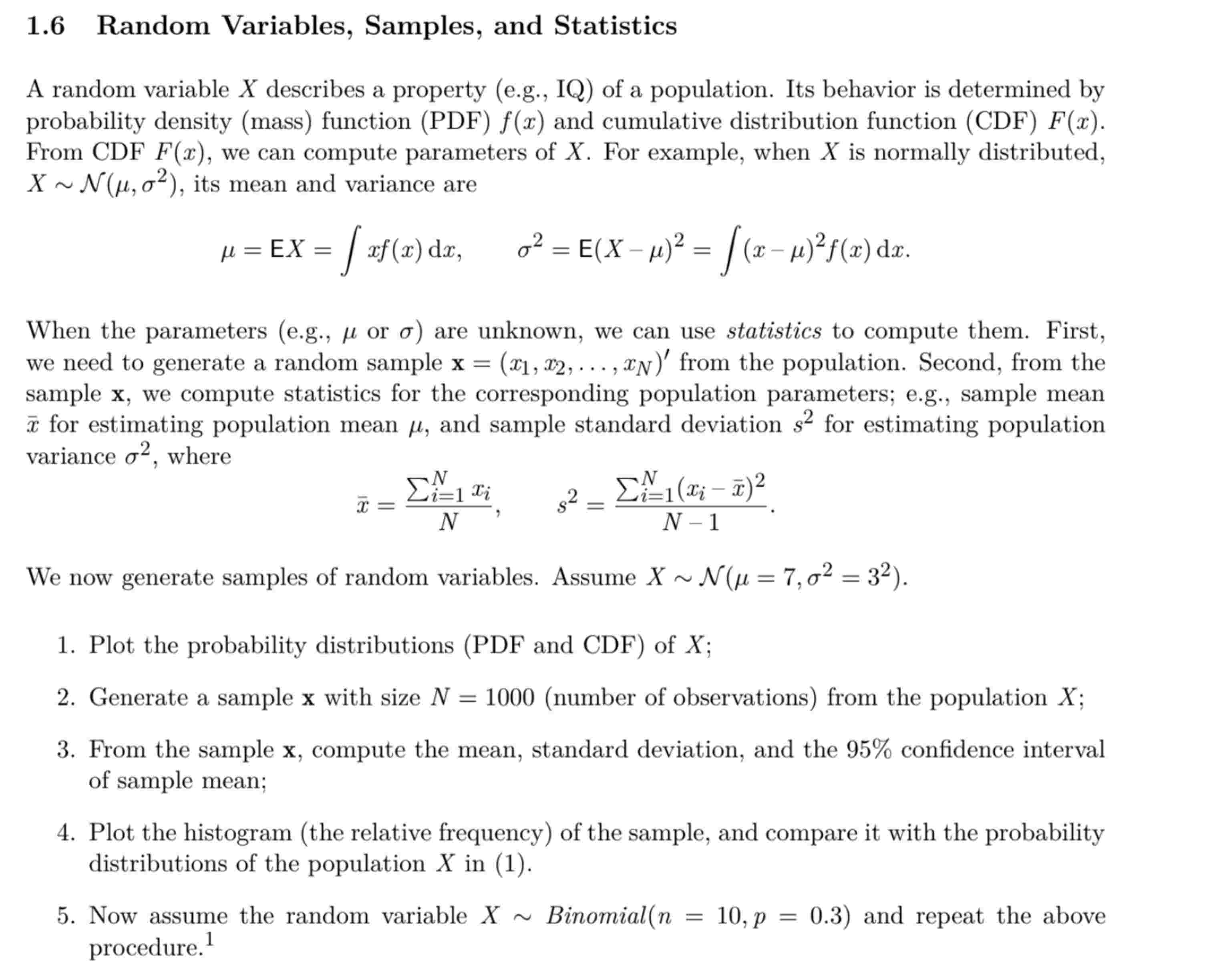 Solved 1.6 ﻿Random Variables, Samples, and StatisticsA | Chegg.com