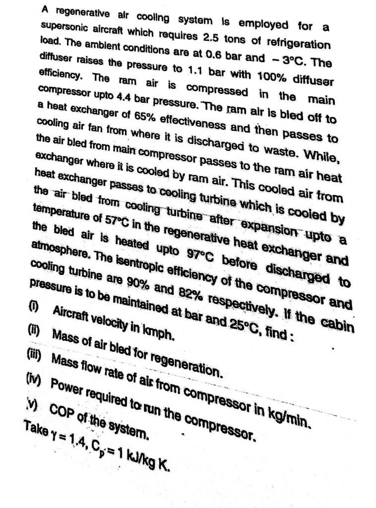 Solved A regenerative air cooling system is employed for a | Chegg.com