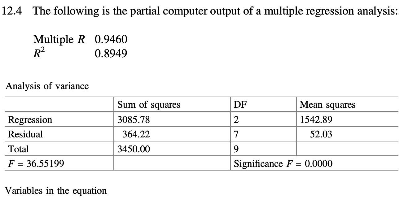 Solved 12.4 The following is the partial computer output of | Chegg.com