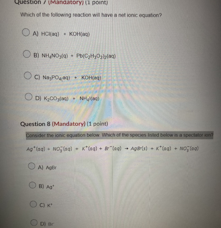 Solved Which of the following reaction will have a net ionic | Chegg.com