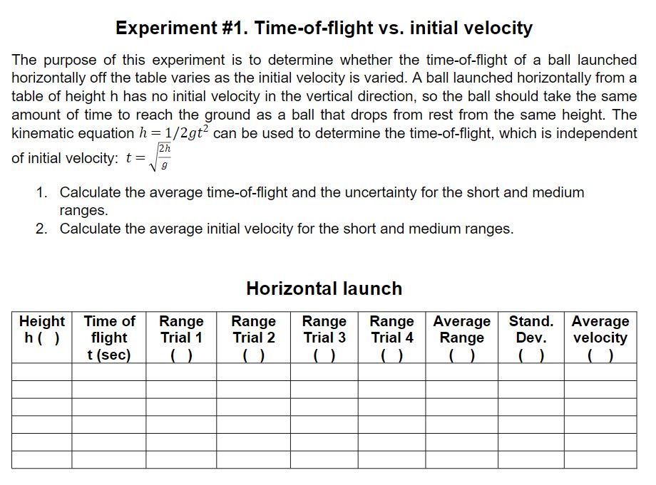 Experiment #1. Time-of-flight vs. initial velocity | Chegg.com