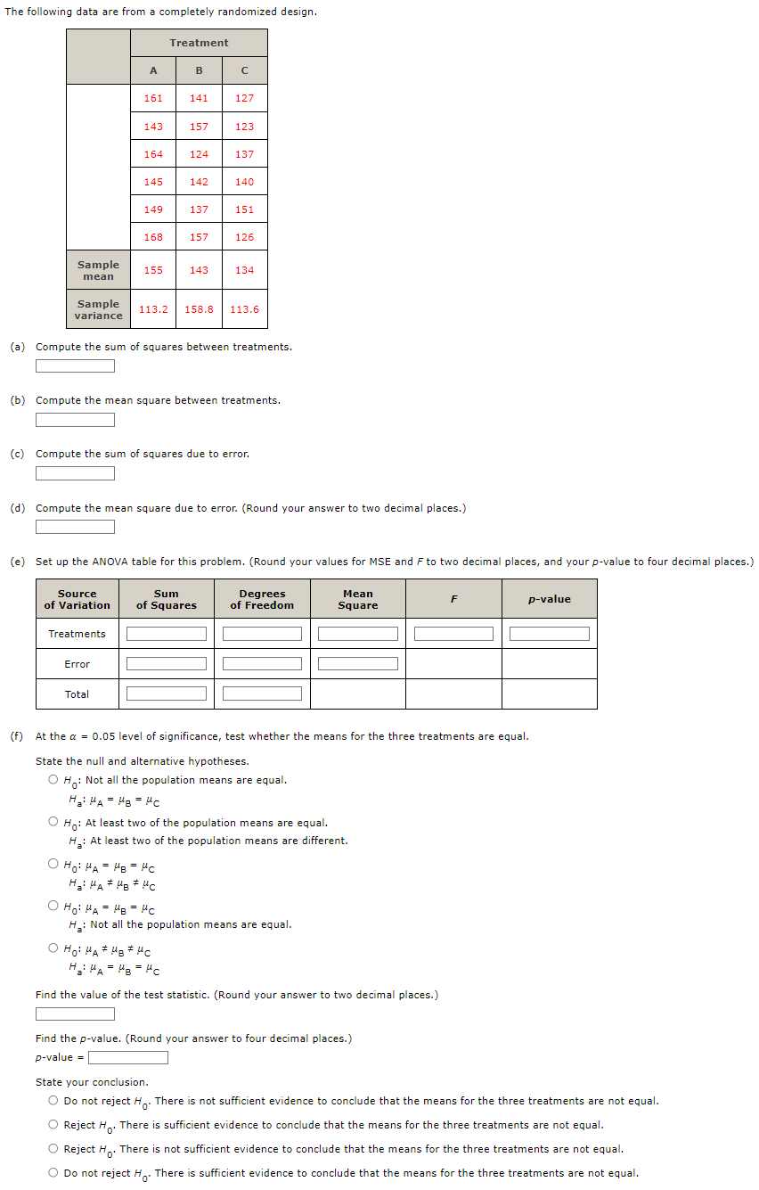 Solved The following data are from a completely randomized | Chegg.com