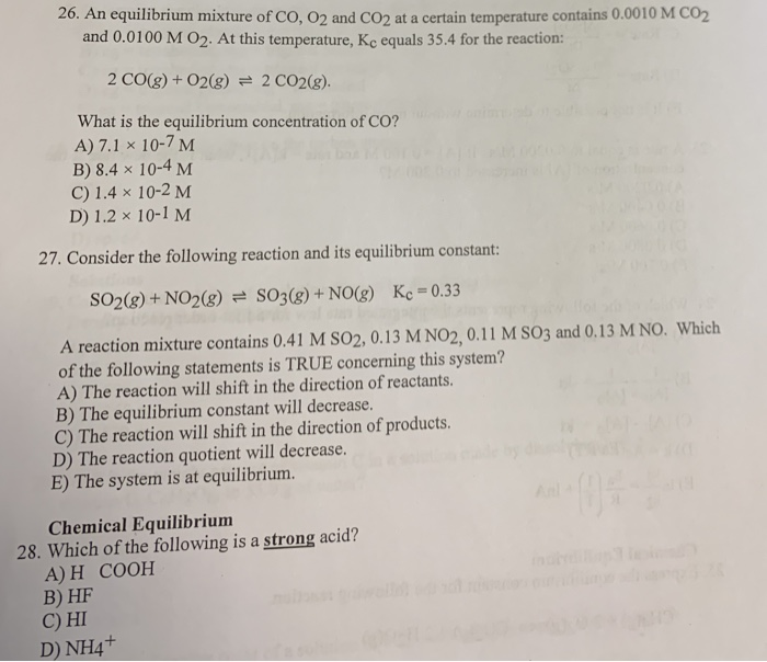 Solved 26. An equilibrium mixture of CO, O2 and CO2 at a | Chegg.com