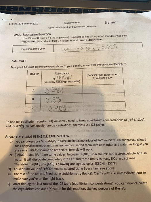 CHEM1112 Summer 2019 Experiment #3 Name: | Chegg.com