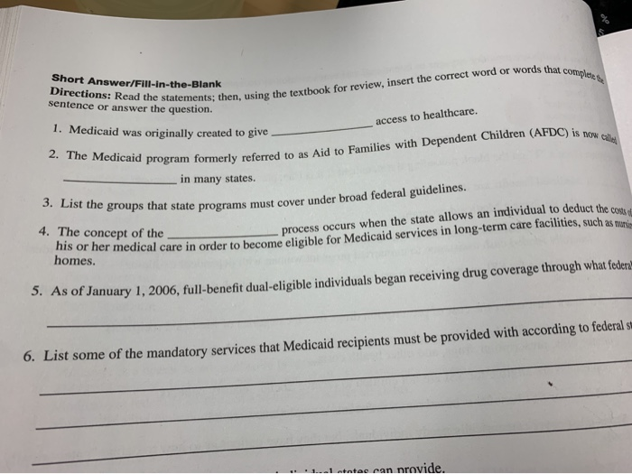 Solved Short Answer Fill in the Blank Directions Read The Chegg