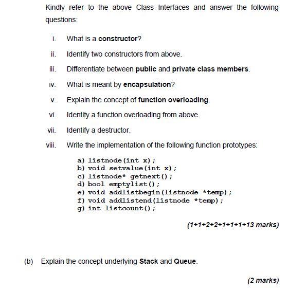 Solved ii) The Class Interface of a linked list node and a | Chegg.com
